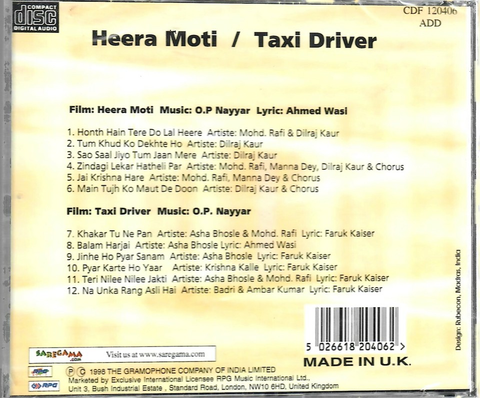 Heera Moti / Taxi Driver - Music - O P Nayyar [CD] RPG / UK Made Cd | eBay