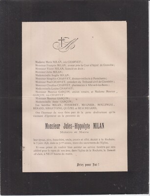 Faire-part décès Jules-Hippolyte MILAN (1828-1898) notaire, maire de La ...