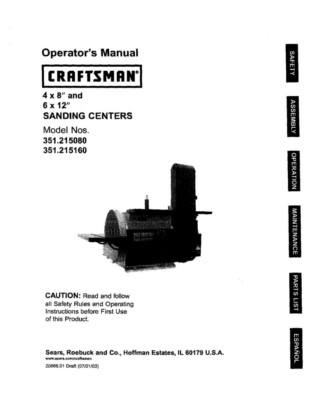 Craftsman 351.215080 351.215160 Sanding Center Instruction Manual | eBay