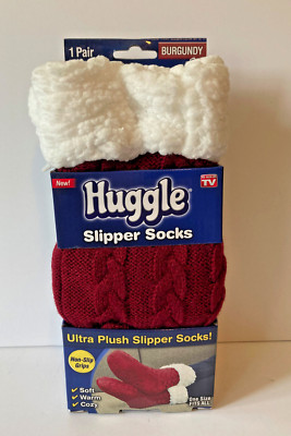 Huggle ultra-plush slipper socks, Burgandy, non-slip grips, One size ...