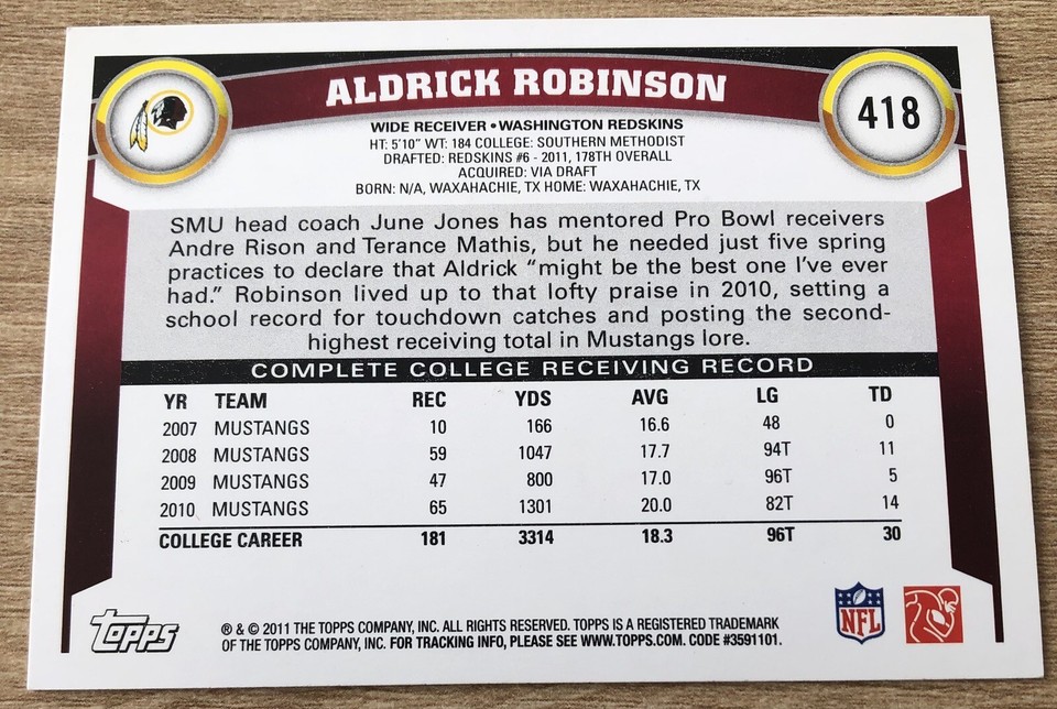 2011 Topps Aldrick Robinson Rookie Washington Redskins #418 | eBay