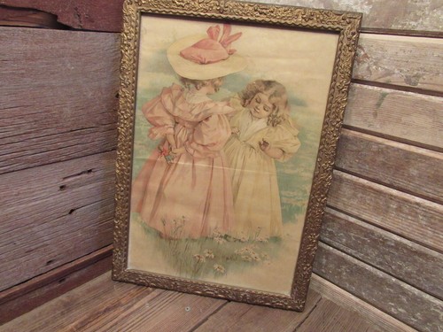 Vintage RARE Picture Little Girls Talking Beautiful Gown Dresses Frame ...