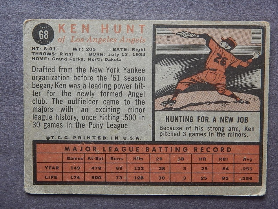 Ken Hunt #68 Topps 1962 Baseball Card (Los Angeles Angels) *A | eBay