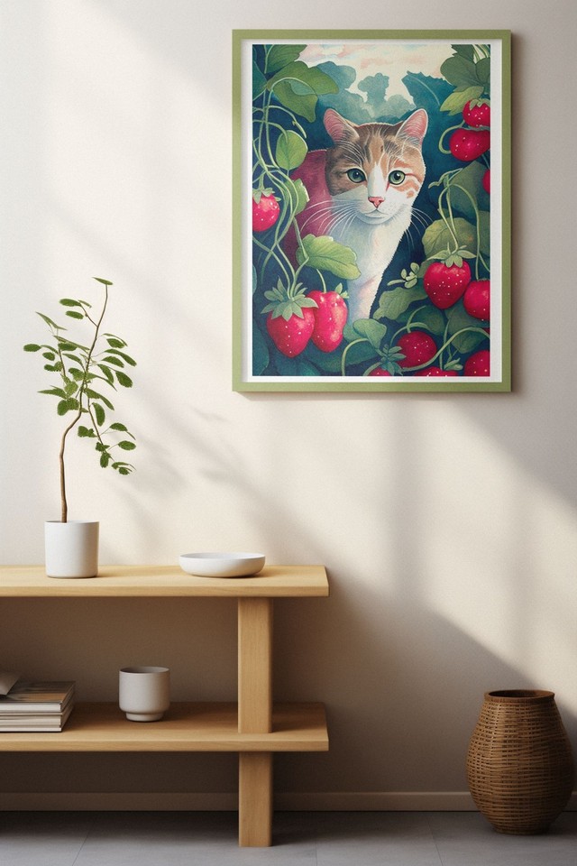 Cat Strawberry Watercolour Animal Painting Print Wall Art Poster ...
