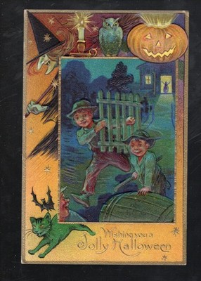 H330 Halloween Antique Postcard Trick or Treat Prank Stealing Gate ...
