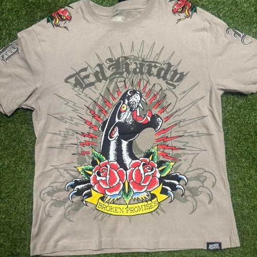 Tan Ed Hardy Broken Promises graphic tee with red accents #skater | eBay
