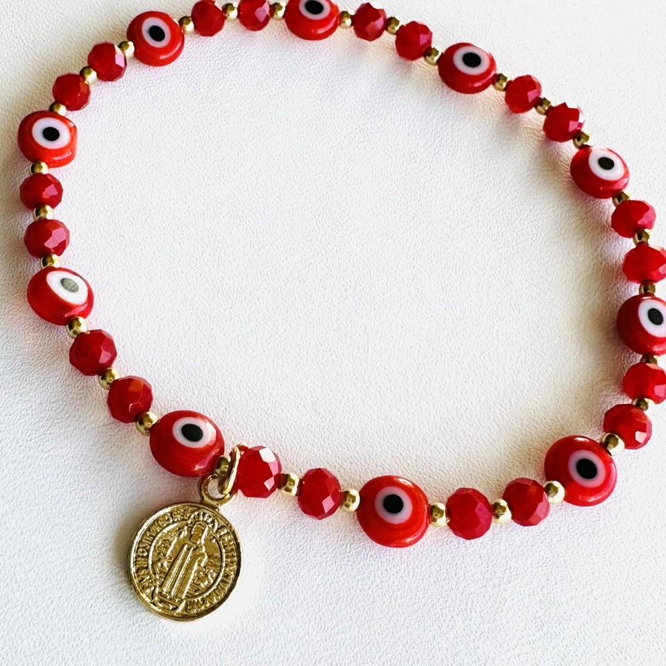 Pulseras Con Ojos Turcos Y Crystal Rojo. Medalla De San Benito Hecha A ...