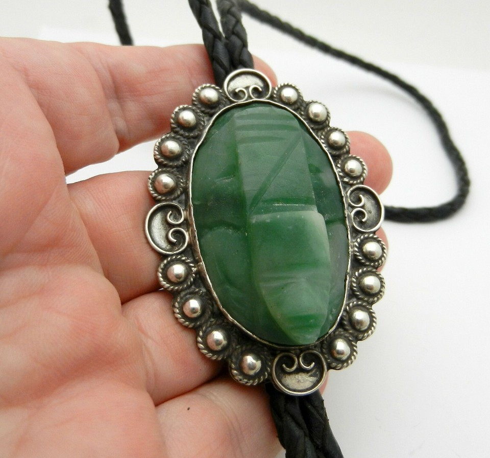 VINTAGE BOLO TIE in Sterling Silver Carved Aztec Face Mask Rough Jade ...