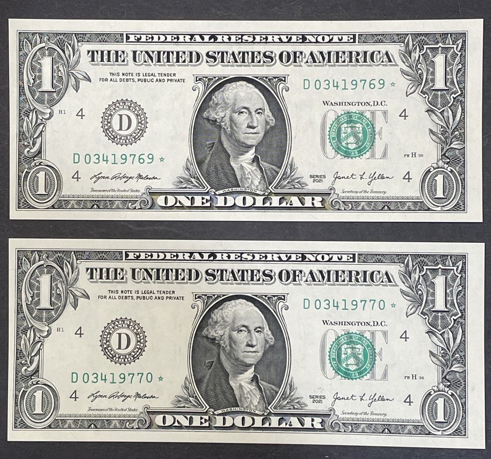 7 - Sequential Numbered $1 Star Notes; Uncirculated; with Cutting Error ...