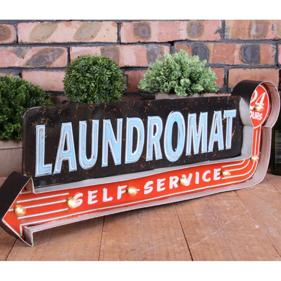 Vintage LED Light Metal Hanging Sign LAUNDROMAT Laundry Shop Art Wall ...