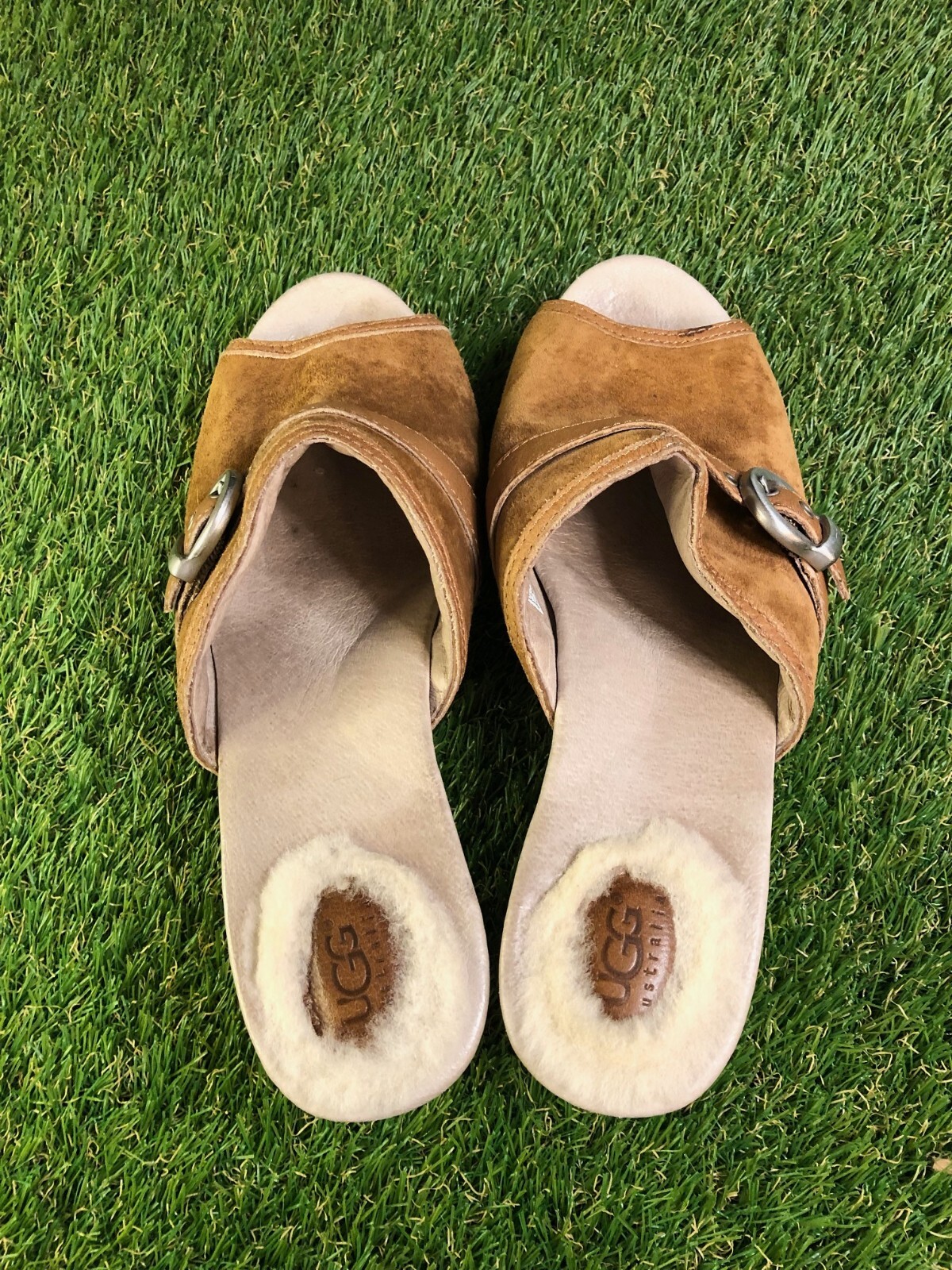 UGG Katherine Brown Peep Open Toe Clog Mule Shoes Lea… - Gem