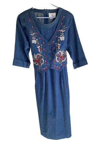 Denim Dress Vintage Tie Back Grunge Embroidered Large 90s Cottage Core ...
