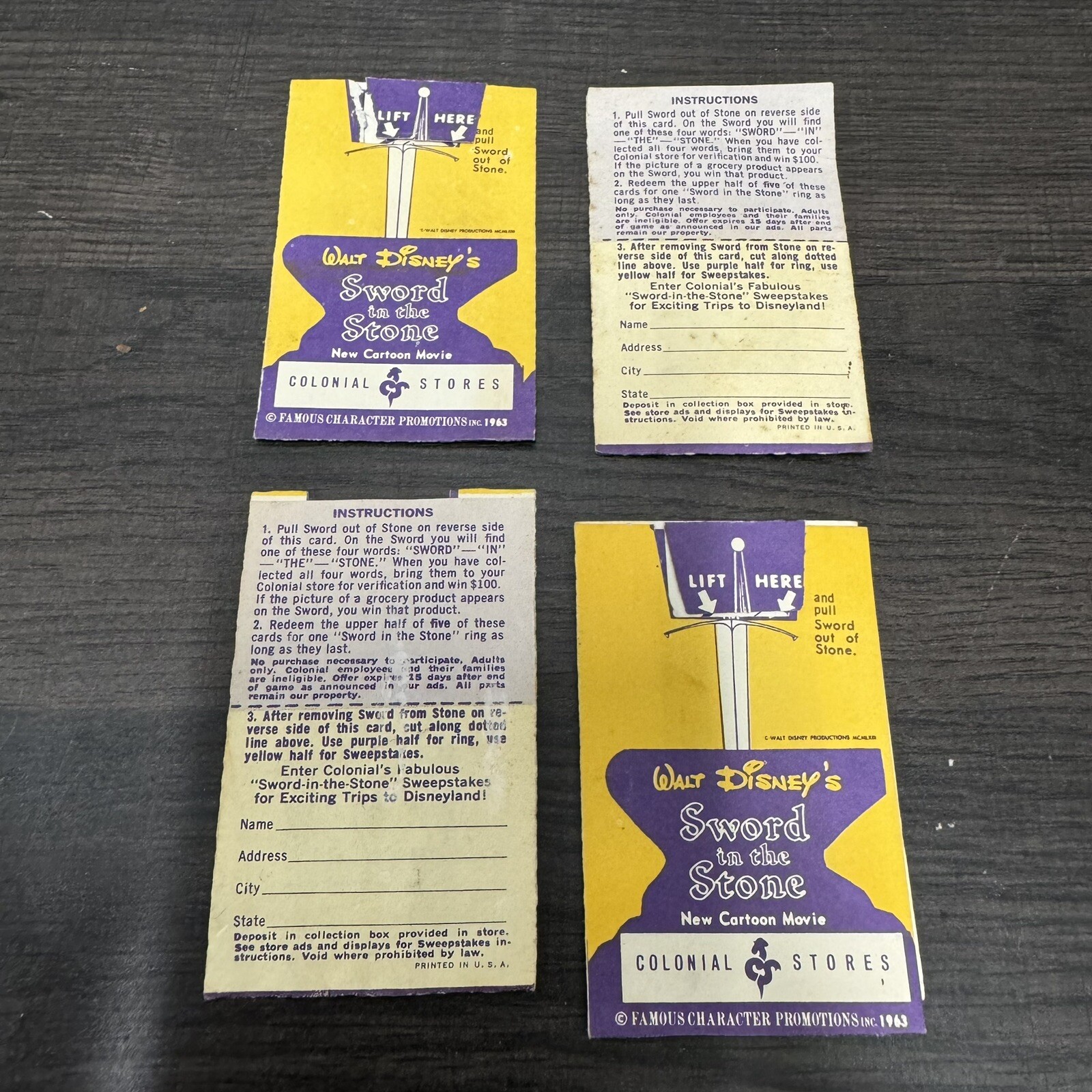 Vintage 1963 Disney Sword in the Stone Colonial Stores Promo Game Cards ...