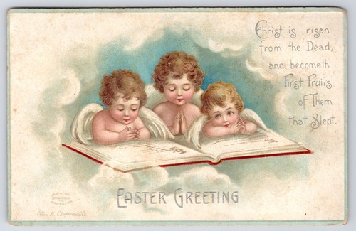 Ellen H Clapsaddle Easter~Lil Angels in Clouds Pray Over Book~Silver ...