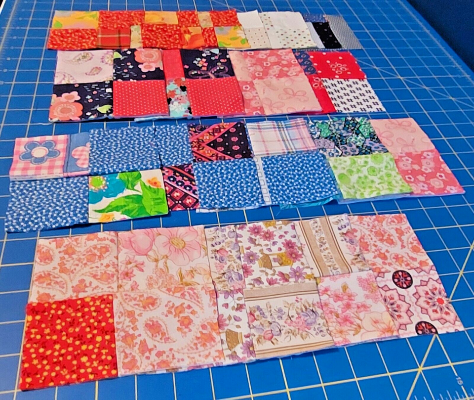 Lot of 52 Fabric Squares Sewn into 21 Patchwork Quilt Squares Vtg ...