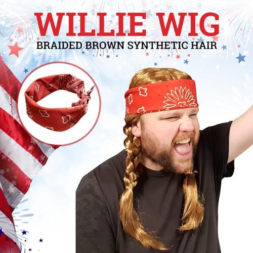 Willie Braided Wig with Cowboy Red Bandana - Hillbilly Country Red Neck ...