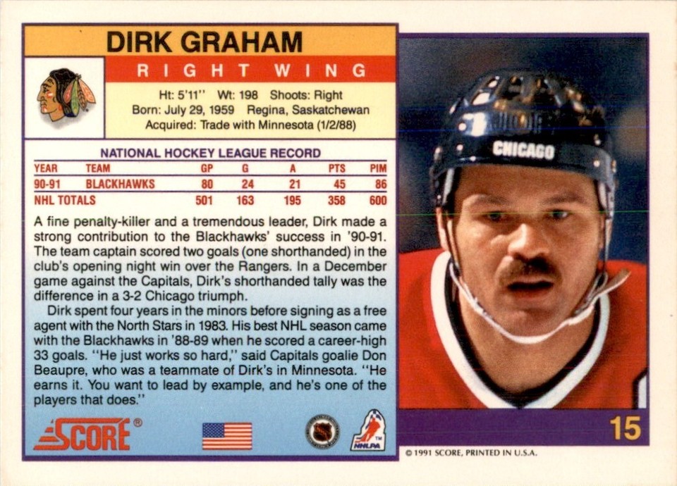 1991-92 Score Dirk Graham Chicago Blackhawks #15 NHL Hockey Card | eBay