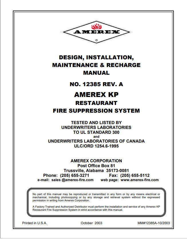 Amerex RESTAURANT Fire System DESIGN,INSTALLATION,MAINTENANCE Manual | eBay