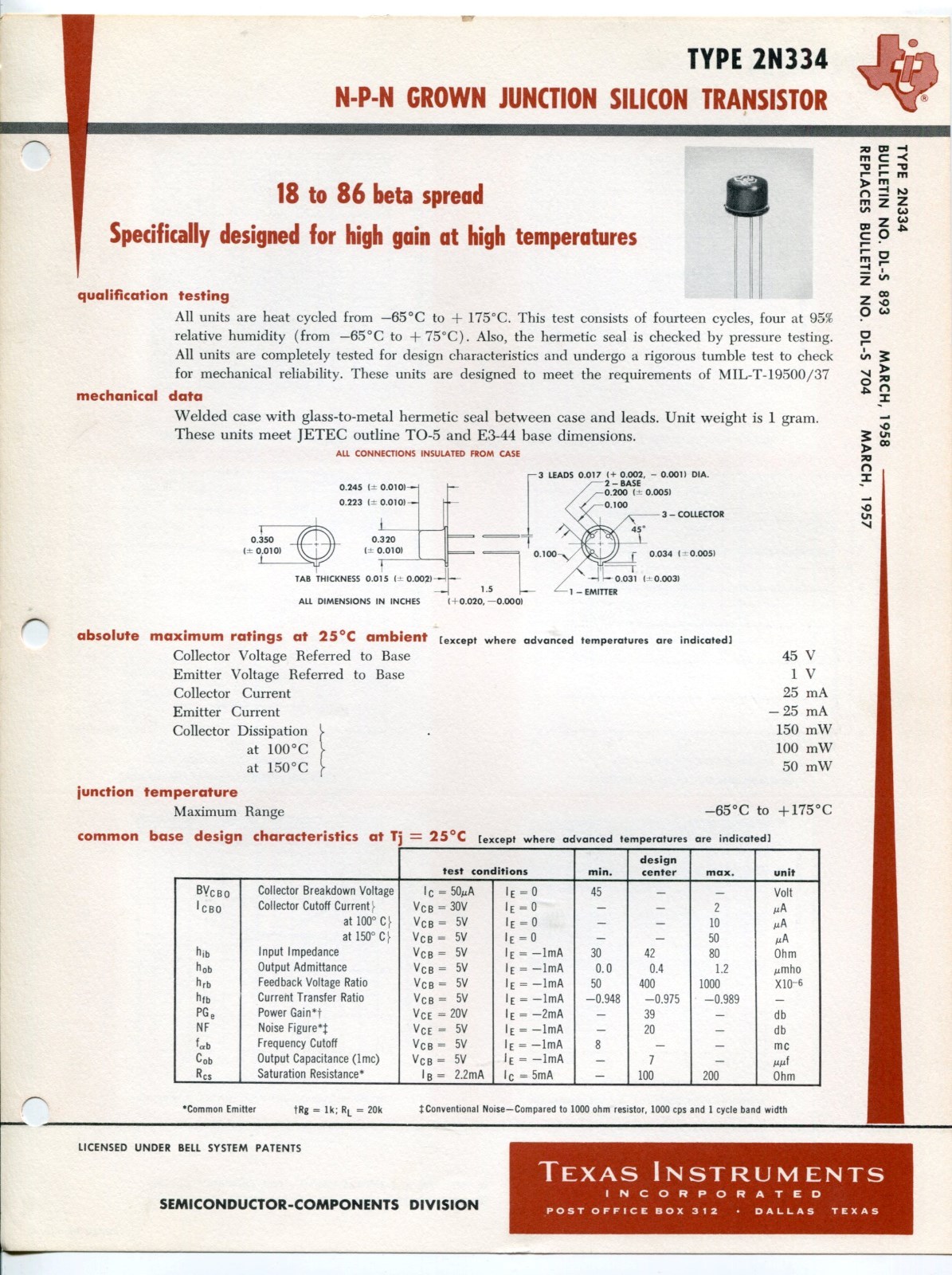 1958 Vintage TEXAS INSTRUMENTS Transistor Spec Sheet: TYPE 2N334 | eBay