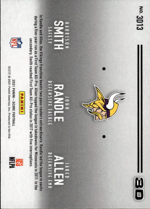 2021 Score Harrison Smith / John Randle / Jared Allen #3D13 3D Vikings ...