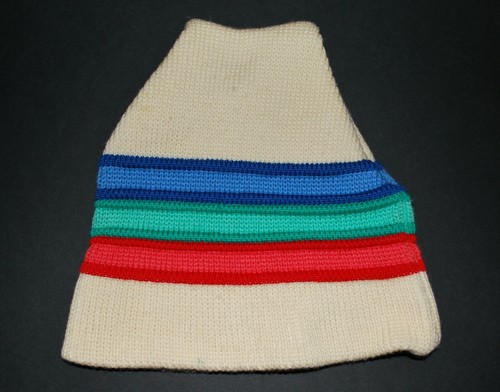 VINTAGE SMILEY WHITE WOOL KNIT HAT RED-BLUE-GREEN STRIPED SKI WINTER ...