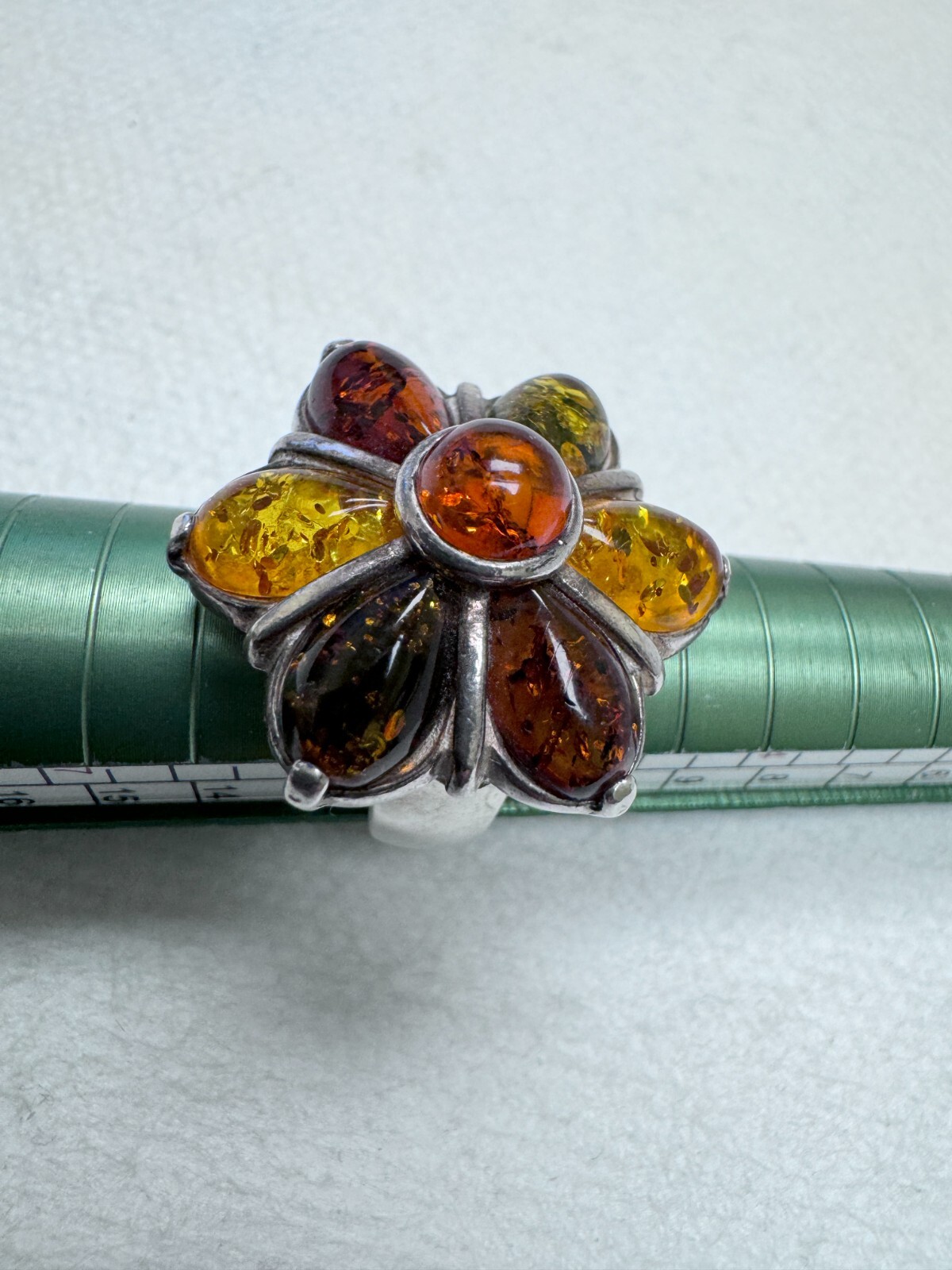 925 AMBER BALTIC FLOWER RING MULTI COLOR GREEN HONEY… - Gem