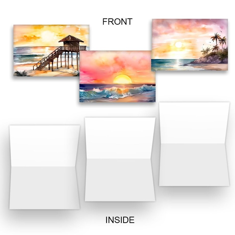 Watercolor Beach Sunset All-Occasion Blank Note Greeting Cards | 20 ...