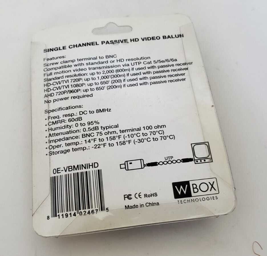 W Box Technologies HD Video Balun screw terminal to BNC 0E-VBMINIHD | eBay