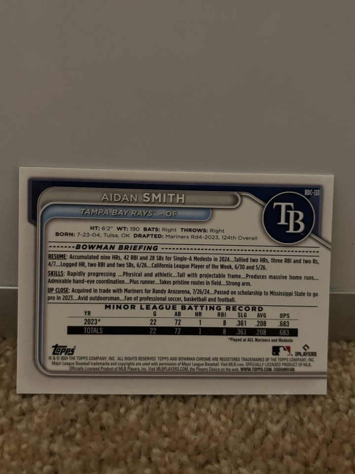 2024 Bowman Draft Chrome Aidan Smith Aqua Wave /125 Rays | eBay
