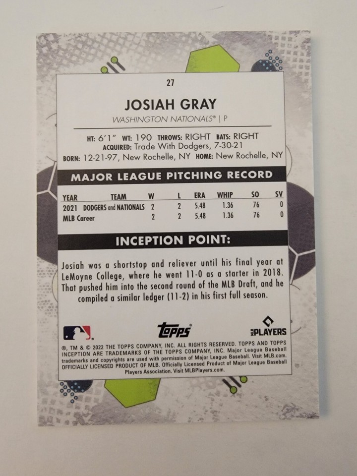 2022 Topps Inception - Green #27 Josiah Gray (RC) | eBay