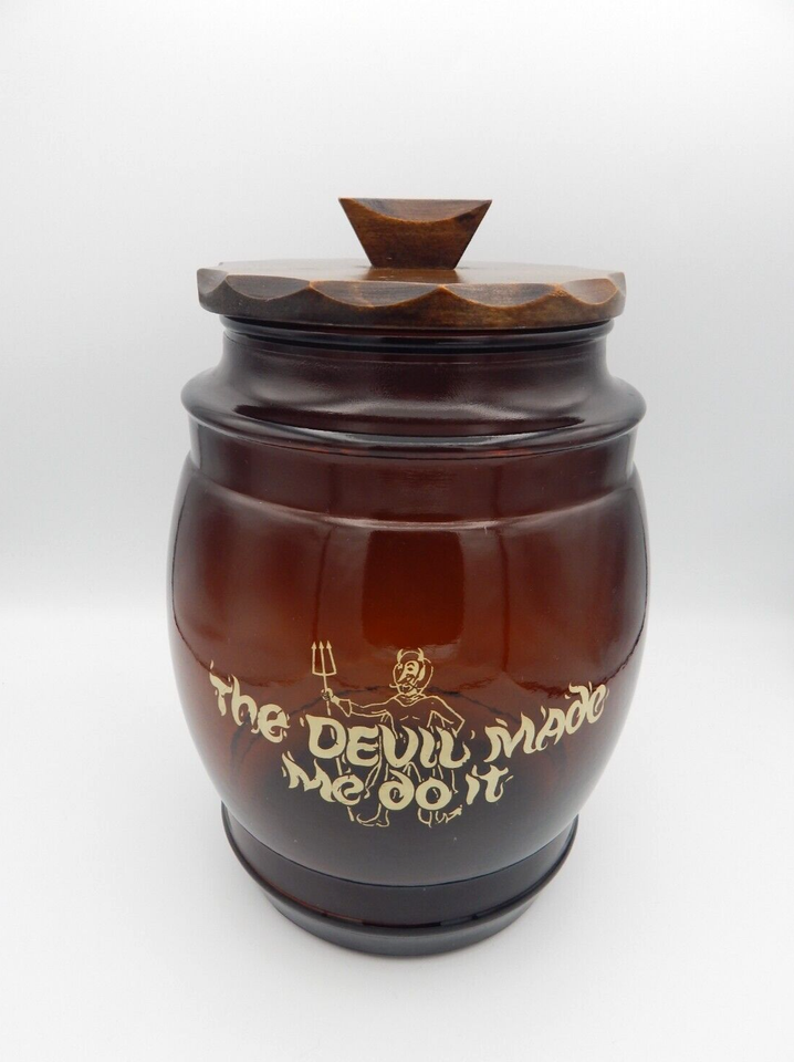 VTG SIESTA WARE BROWN GLASS THE DEVIL MADE ME DO IT COOKIE SNACK JAR W ...