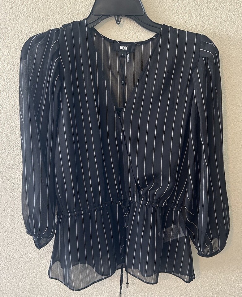 DKNY Tie Waist V-Neck Pinstrip Blouse 2- Piece Size XS NWT | eBay UK