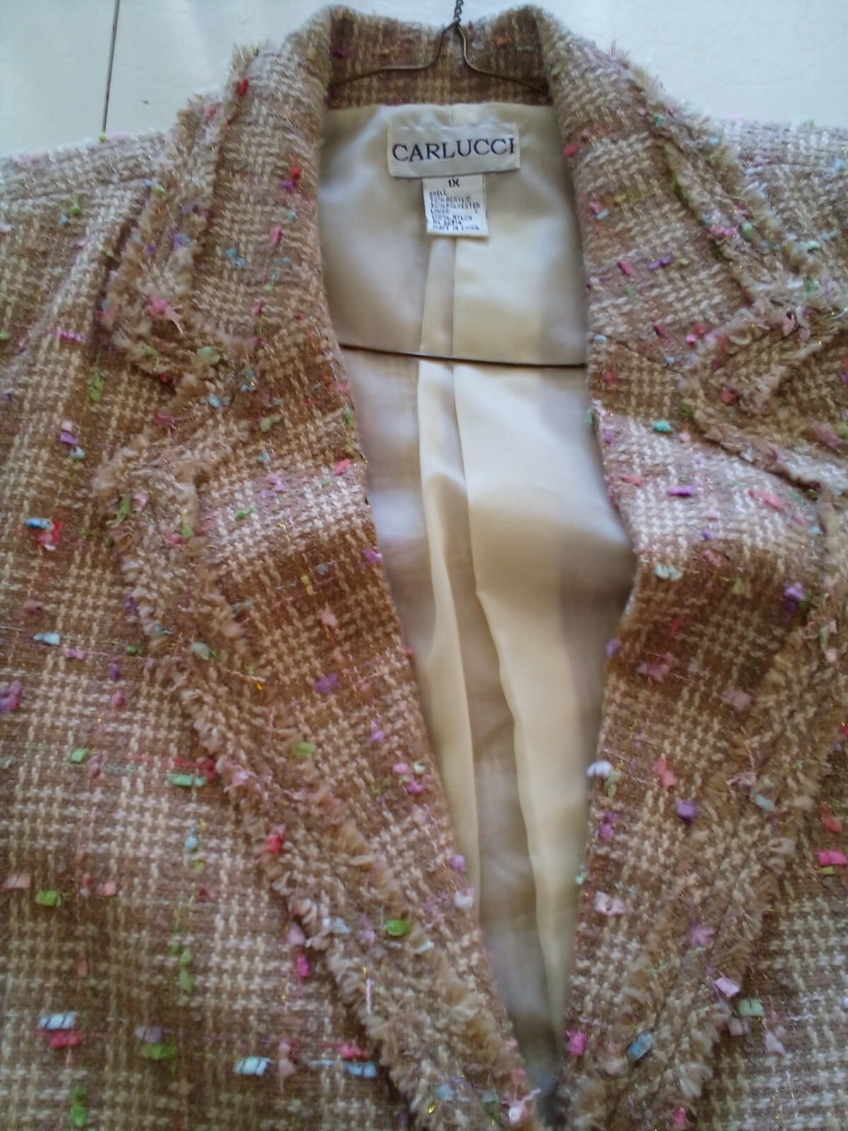 Distressed Beige Tweed Jacket With Multi Colored Ribb… - Gem