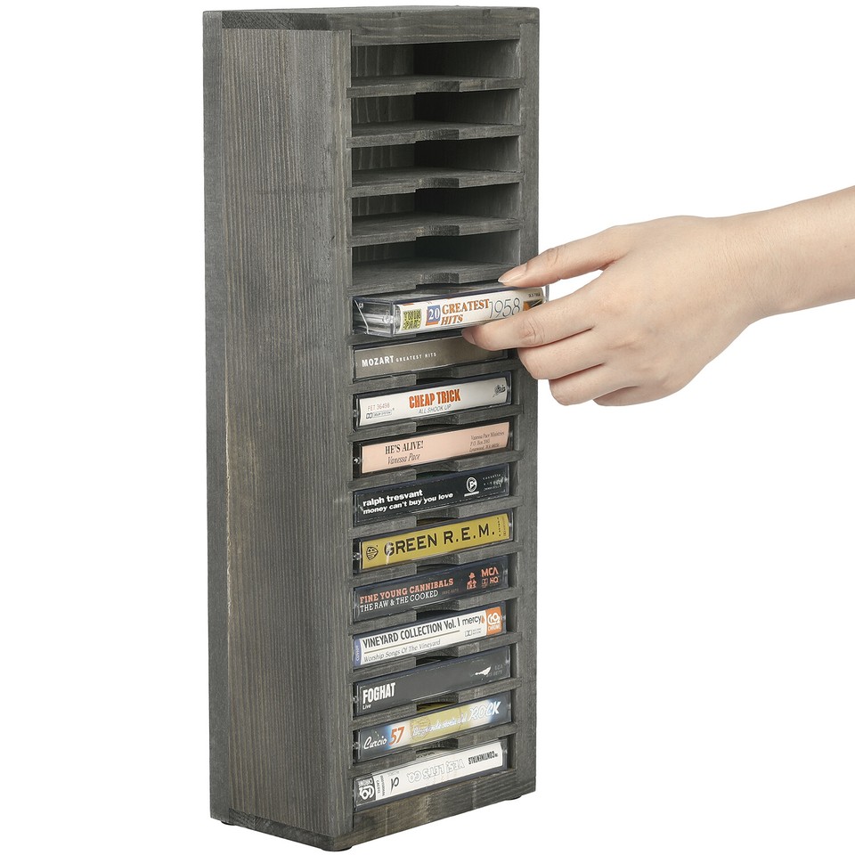 16-Slot Gray Solid Wood Freestanding Retro Cassette Tape Storage Rack ...