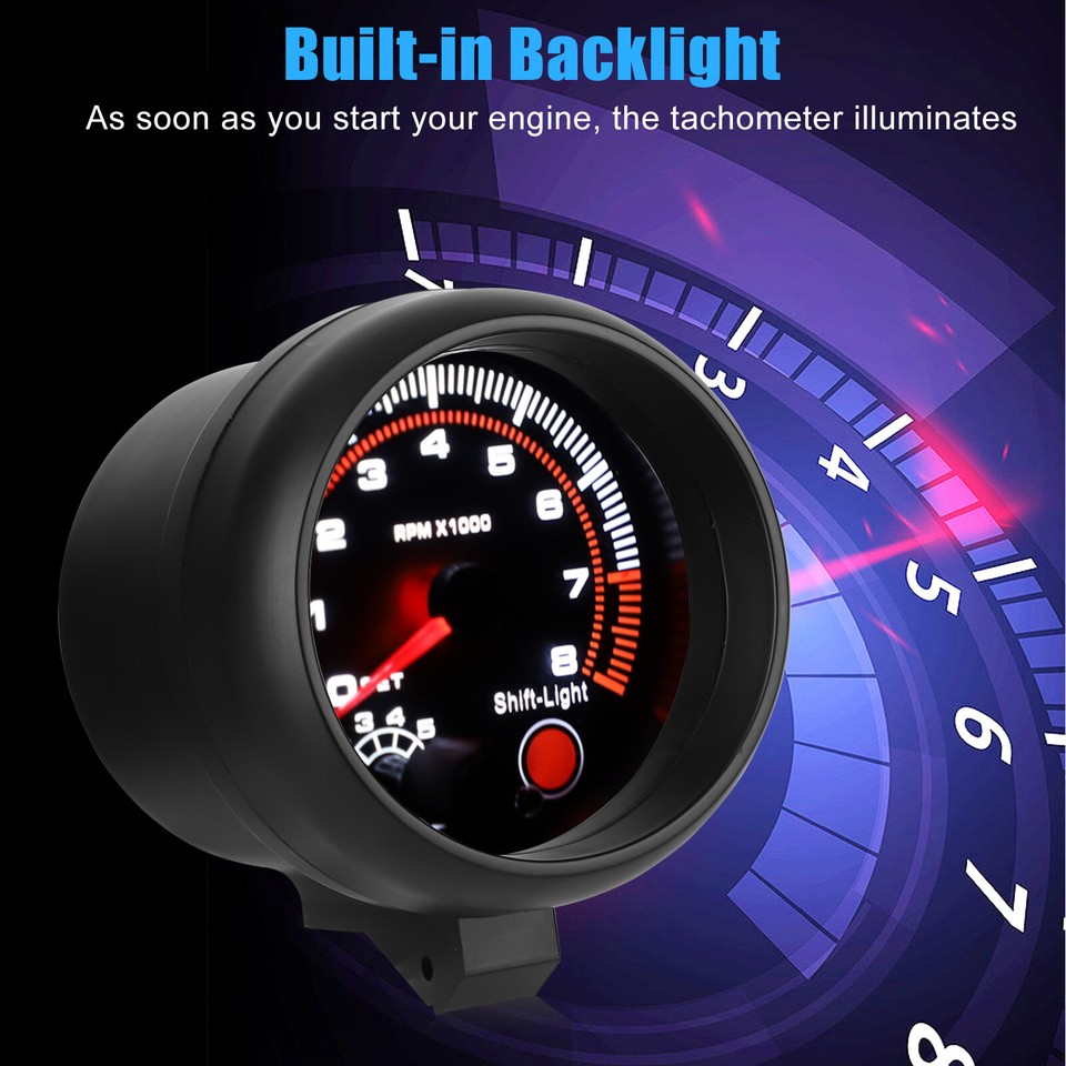 3.75" 12V Car Tachometer Gauge Meter 0-8000 RPM With LED Shift Light ...