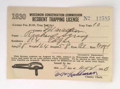 1930 Edgar Wisconsin Conservation Commission Trapping License...Free ...