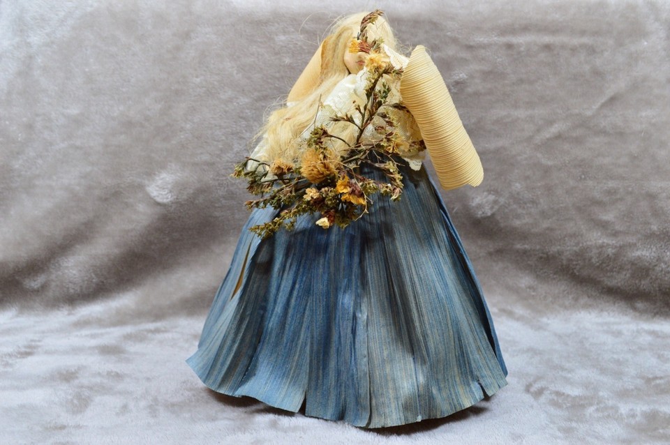Vintage Corn Husk Doll Lady Angel Blue Dress Flowers Bouquet Southern Belle | eBay