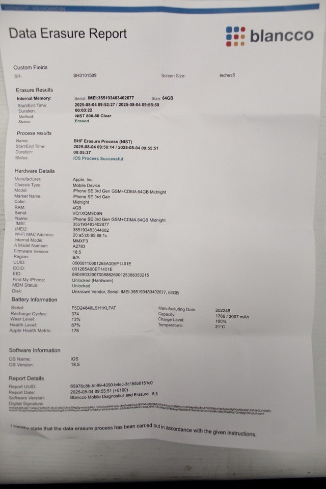 APPLE A2783 iPhone SE 3rd Gen GSM+CDMA 64GB Storage 4GB RAM 5 ...