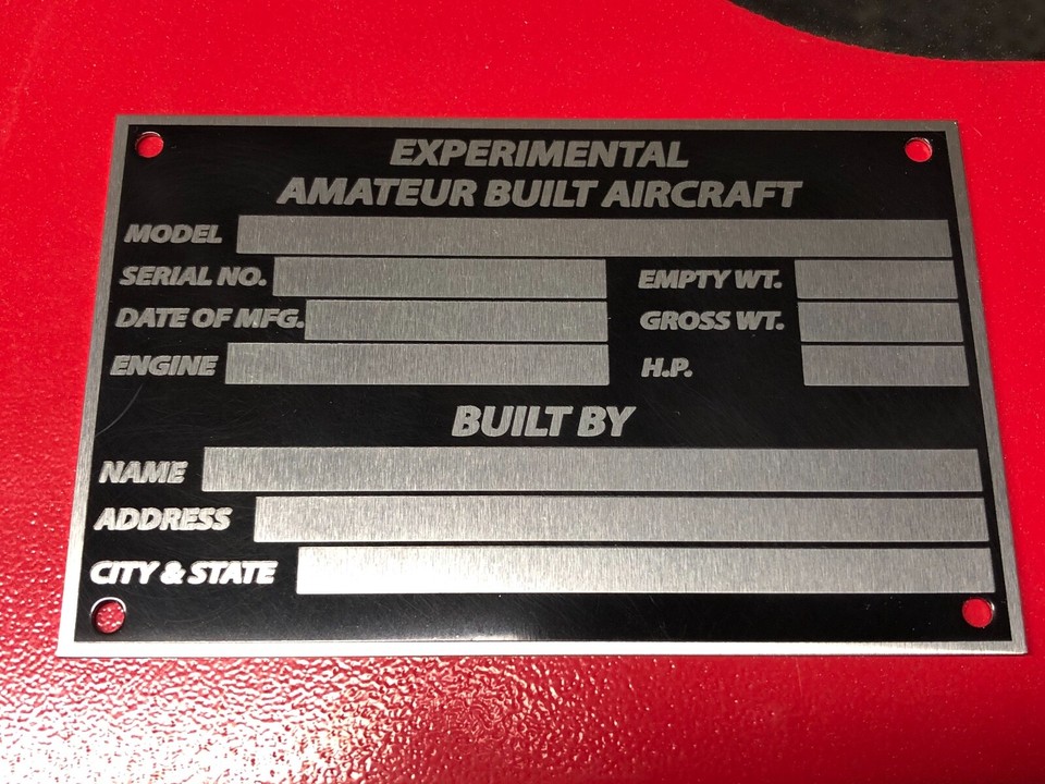Amateur Built Experimental Aircraft Placard & Data Plate Engraved ...