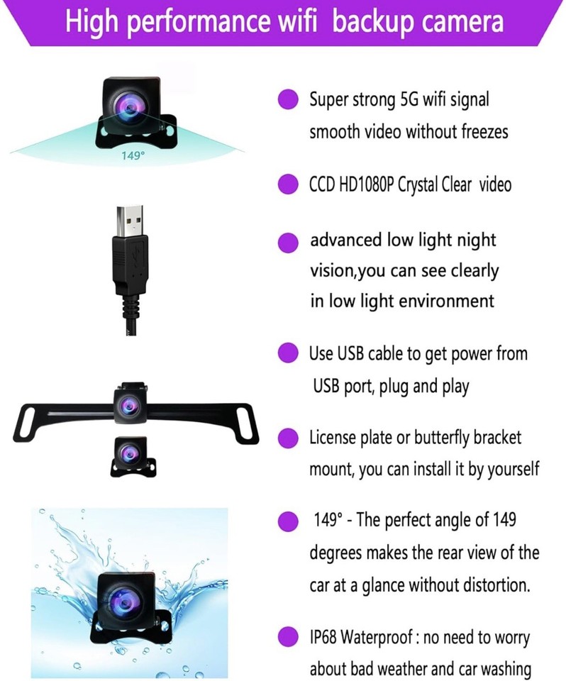 WiFi Car Wireless Backup Camera GreenYi 5G 720P HD and Front View ...