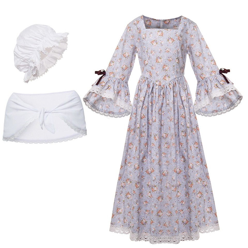 Girl's Pioneer Dress Colonial Kids Costume Shawl Hat Civil War Puritan ...