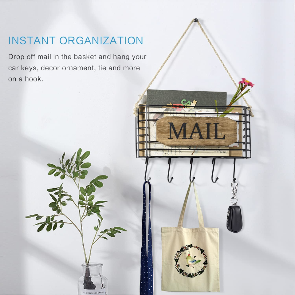 Mail Organizer Wall Mount, Rustic Mail Holder with Hooks, Easy Assembly ...