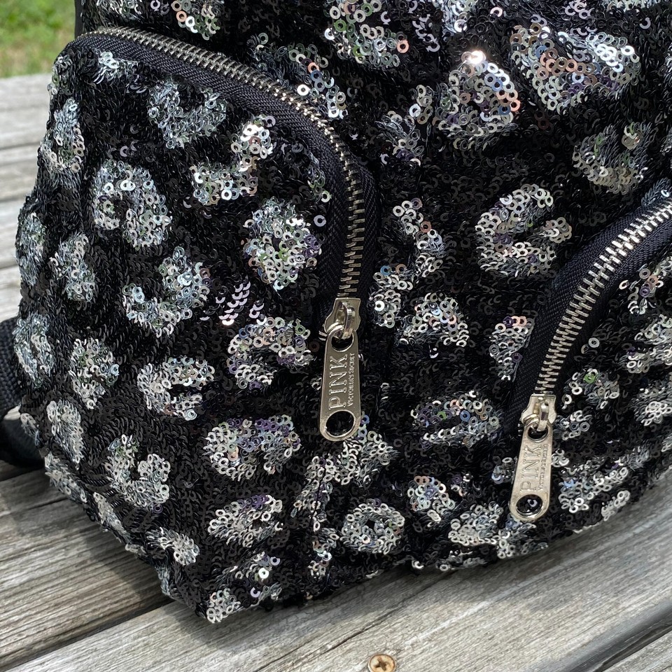 Victoria's Secret PINK BLACK LEOPARD CHEETAH SEQUIN Bling Backpack NEW ...