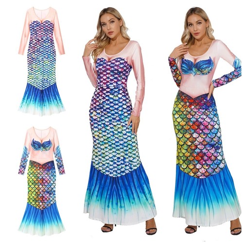 Womens Fish Scale Carnival Mermaid Cosplay Tail Dress Costume Halloween ...