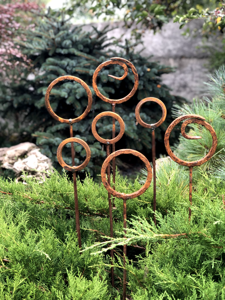 Set of 7 Rusty Metal garden stakes, Rusty garden finials, Metal garden ...