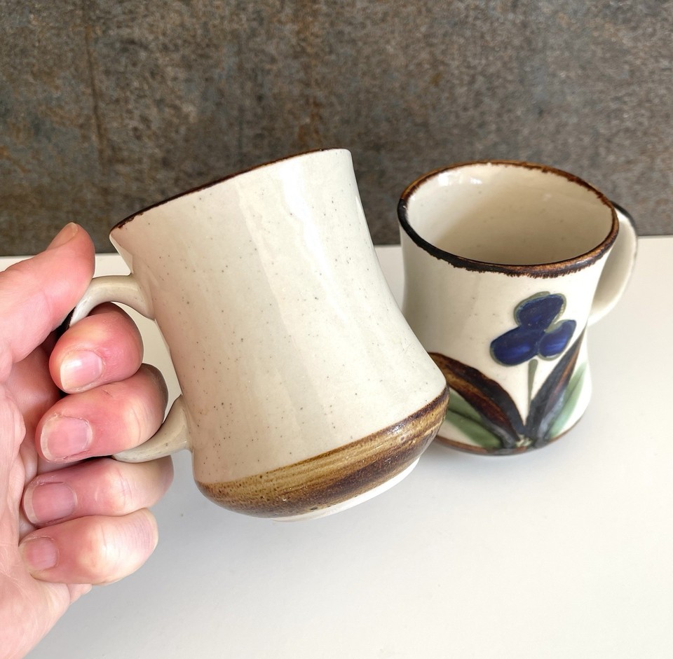 Polish European Mugs x2 pottery heavy ceramics pair "foreign" blue ...
