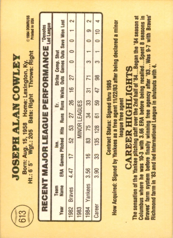1985 Donruss Joe Cowley 103 Baseball Cards #613 | eBay