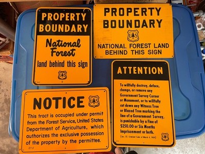 4 VINTAGE US FOREST SERVICE LOT property boundary sign national smokey ...