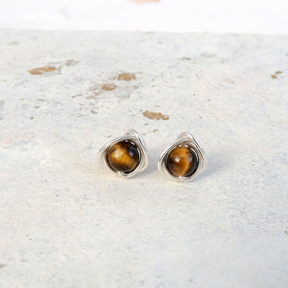 Tigers Eye Stud Earrings Sterling Silver Handmade 4mm Dainty Earrings ...