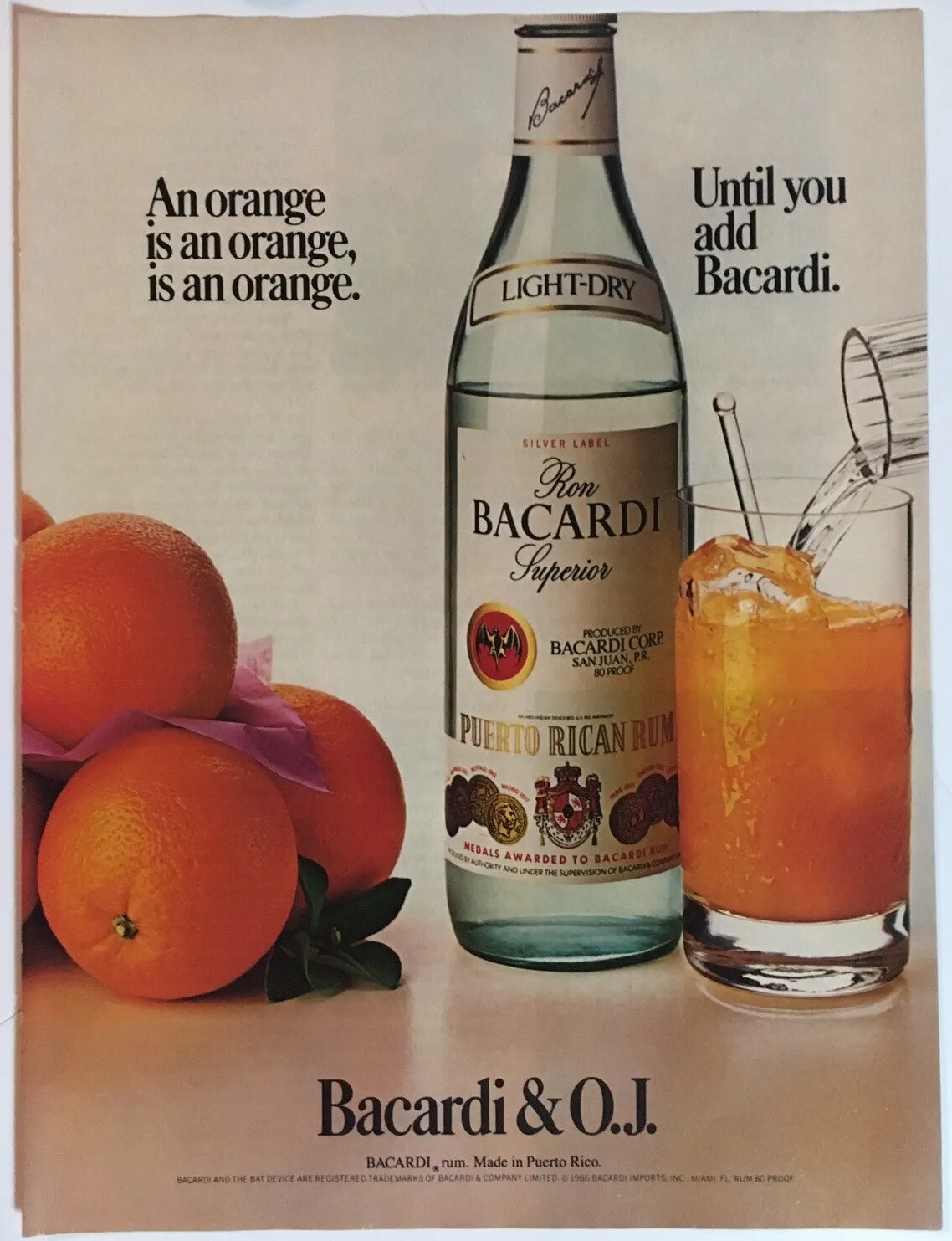Bacardi Rum and Orange Juice 1986 Vintage Print Ad 8x11 Inches Bar ...
